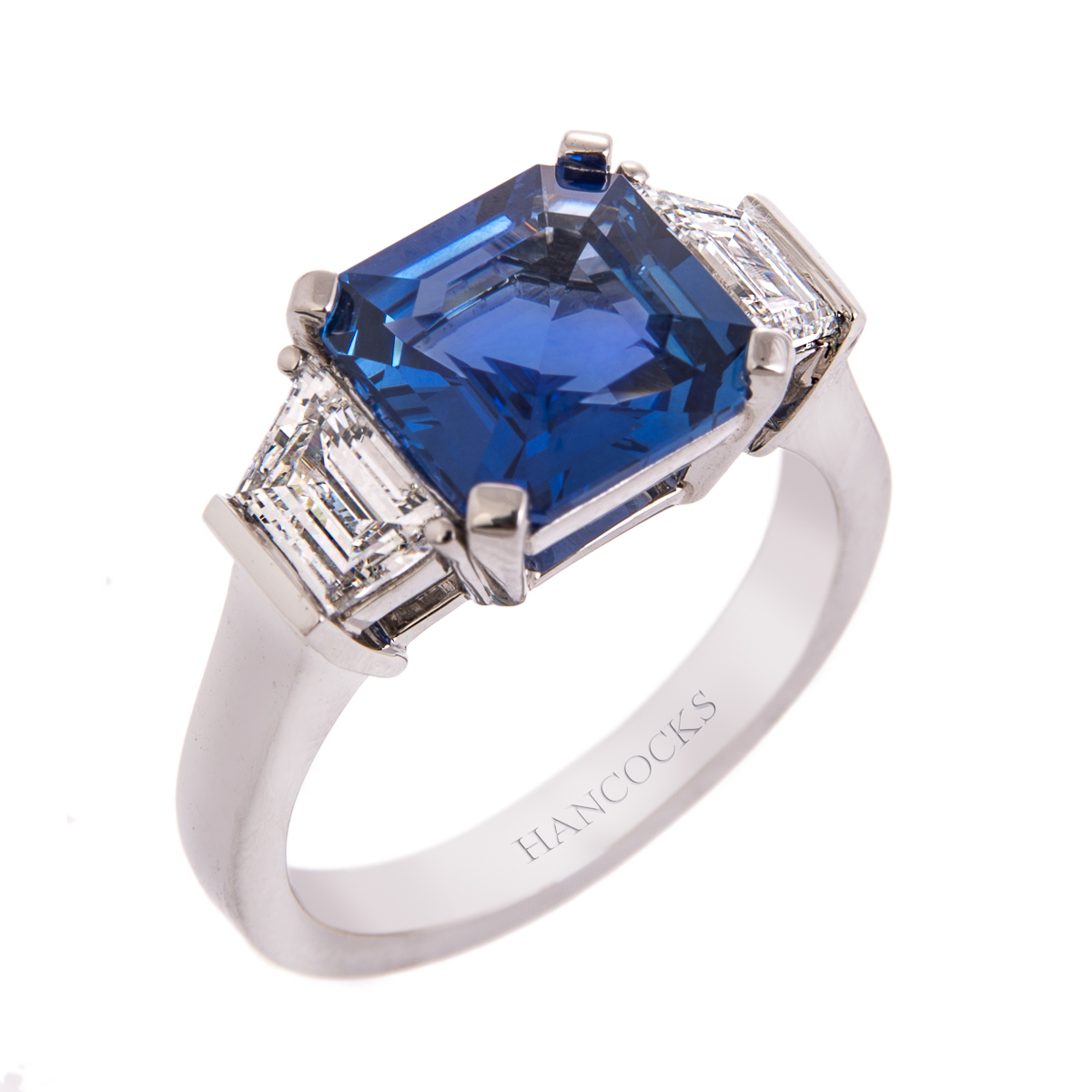 Square Cut Sapphire with Trapeze Cut Diamonds | Hancocks Jewellers